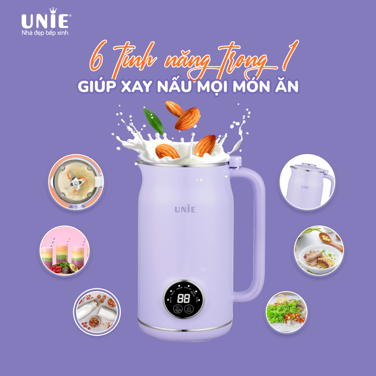 Máy làm sữa hạt UNIE UMB06, dung tích 600ml, 6 chức năng xay nấu, chất ...